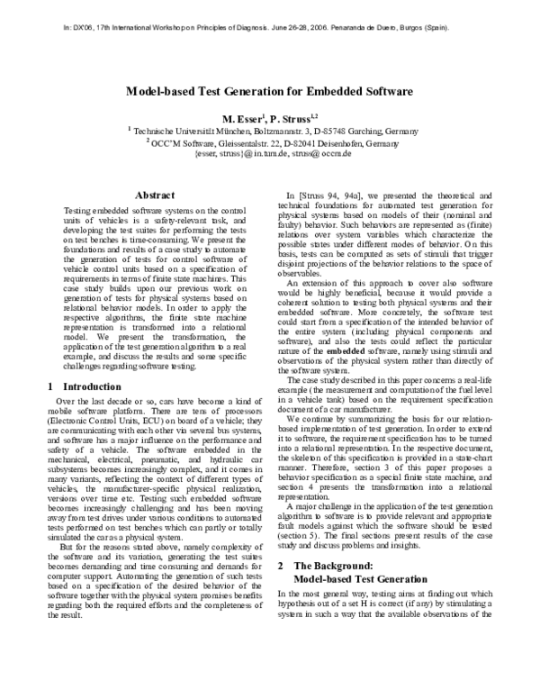 Pdf Model Based Test Generation For Embedded Software