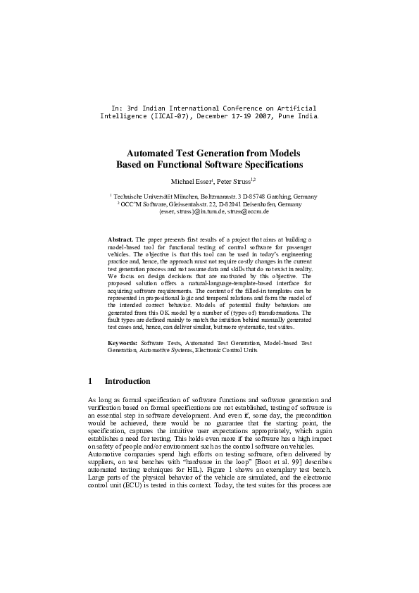 Pdf Automated Test Generation From Models Based On Functional Software Specifications