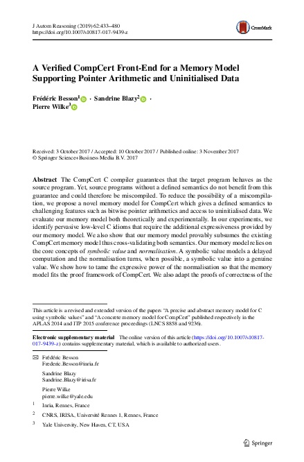 (PDF) A Verified CompCert Front-End for a Memory Model Supporting Pointer Arithmetic and ...