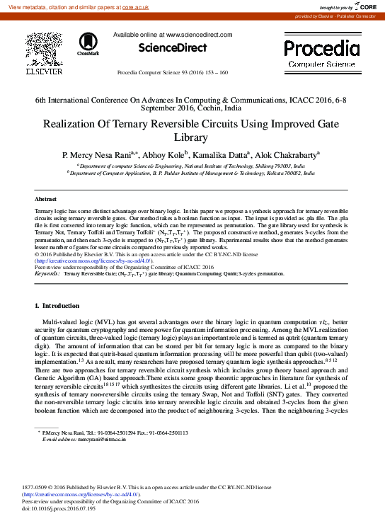 Pdf Realization Of Ternary Reversible Circuits Using Improved Gate