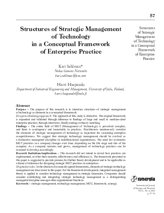 (PDF) Structures of Strategic Management of Technology in a Conceptual Framework of Enterprise ...