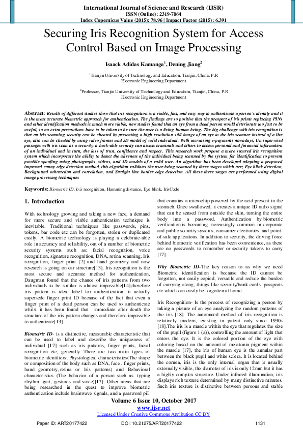 Pdf Securing Iris Recognition System For Access Control Based On Image Processing