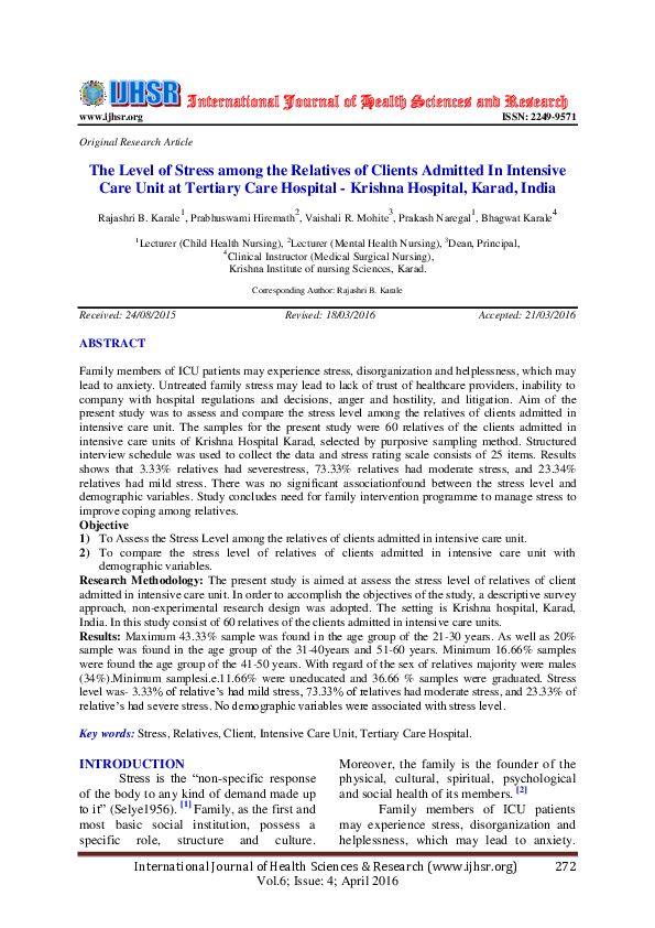 (PDF) The Level of Stress among the Relatives of Clients Admitted In ...