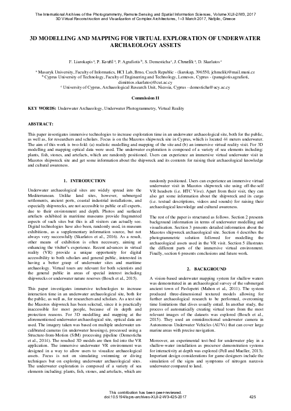 Pdf 3d Modelling And Mapping For Virtual Exploration Of Underwater Archaeology Assets