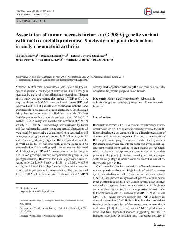 (PDF) Association of tumor necrosis factor-α (G-308A) genetic variant with matrix ...