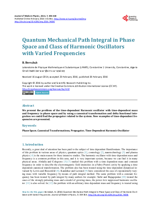 (PDF) Quantum Mechanical Path Integral in Phase Space and Class of Harmonic Oscillators with ...