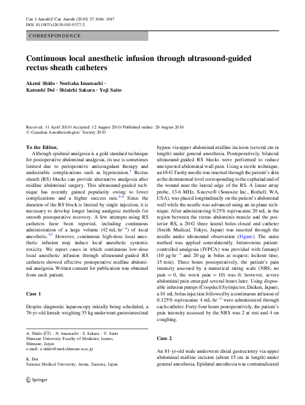 (PDF) Continuous local anesthetic infusion through ultrasound-guided ...