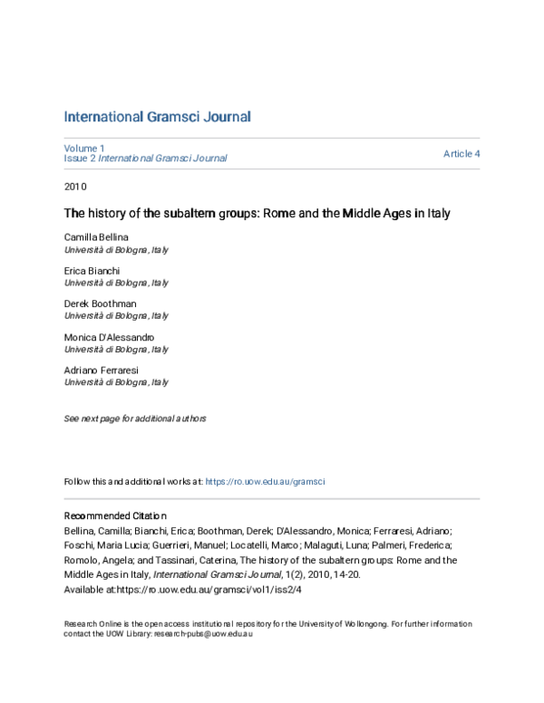(PDF) The history of the subaltern groups: Rome and the Middle Ages in ...