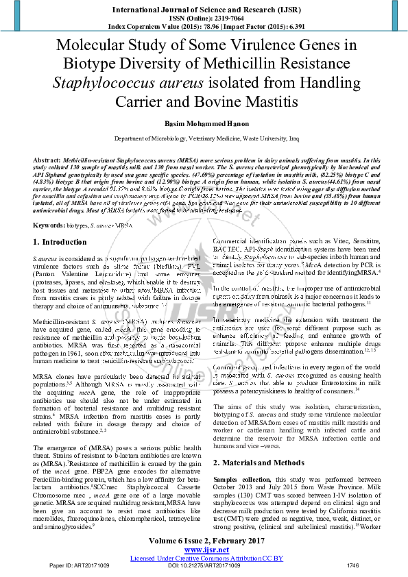 (PDF) Molecular Study of Some Virulence Genes in Biotype Diversity of Methicillin Resistance ...