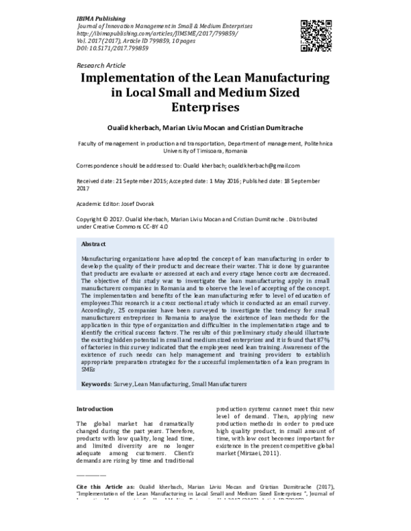 (PDF) Implementation of the Lean Manufacturing in Local Small and Medium Sized Enterprises