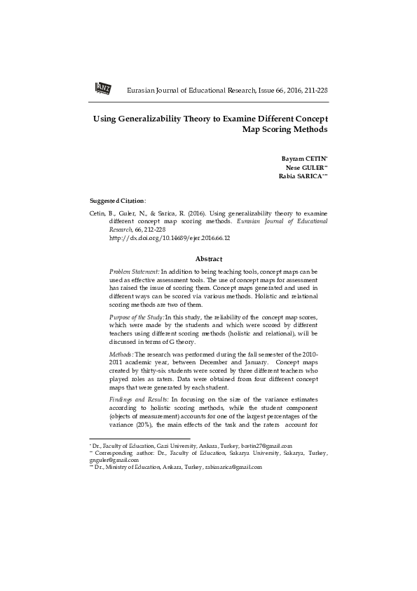 Pdf Using Generalizability Theory To Examine Different Concept Map Scoring Methods