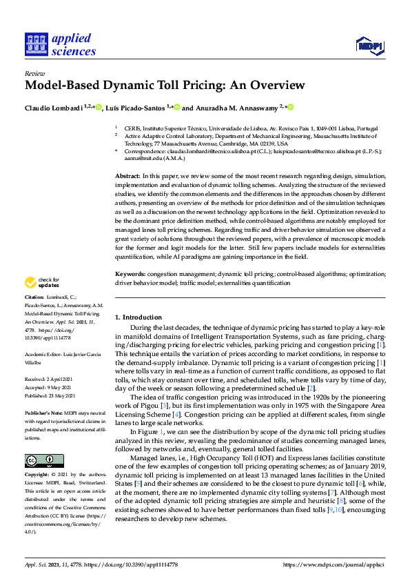 (PDF) Model-Based Dynamic Toll Pricing: An Overview