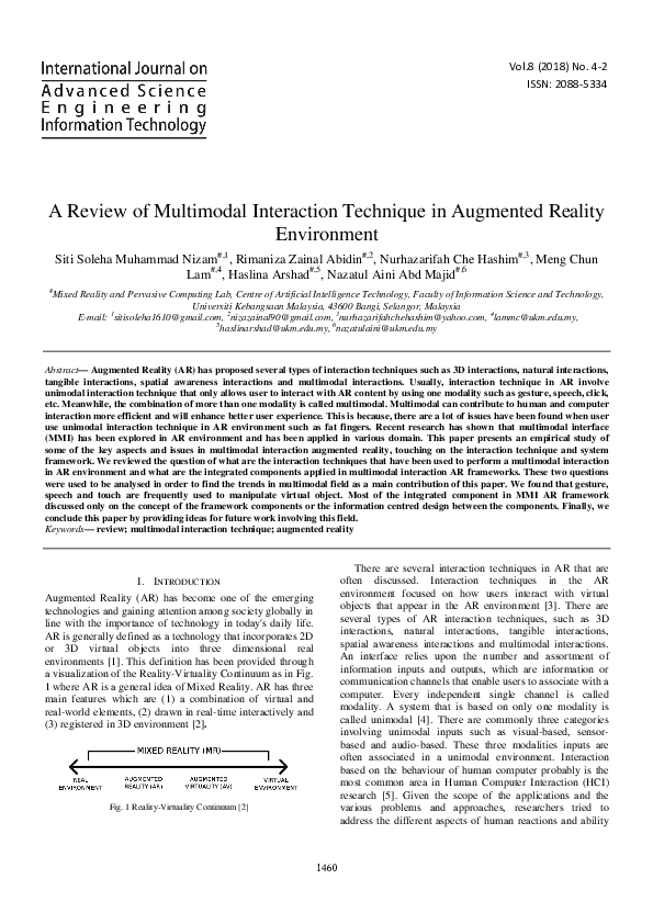 Pdf A Review Of Multimodal Interaction Technique In Augmented Reality Environment