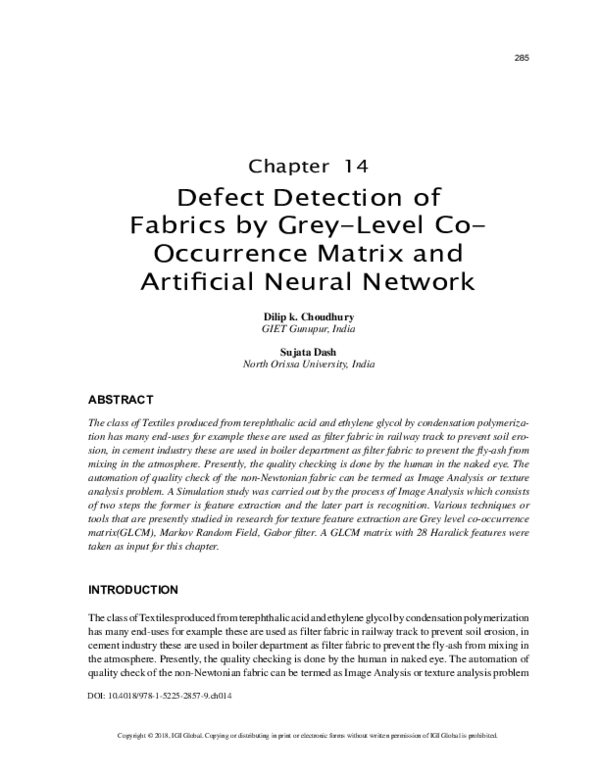 Pdf Defect Detection Of Fabrics By Grey Level Co Occurrence Matrix And Artificial Neural Network