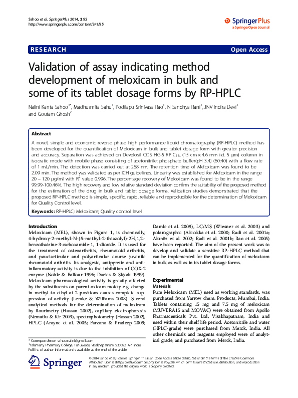 Pdf Validation Of Assay Indicating Method Development Of Meloxicam In Bulk And Some Of Its