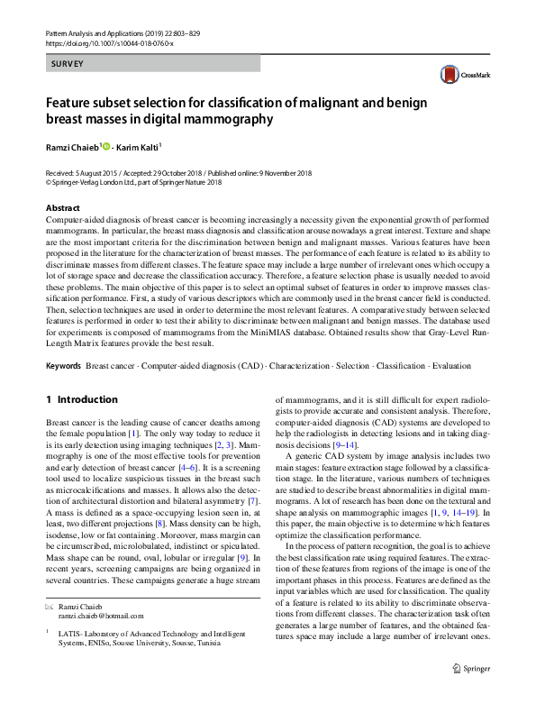 (PDF) Feature subset selection for classification of malignant and benign breast masses in ...
