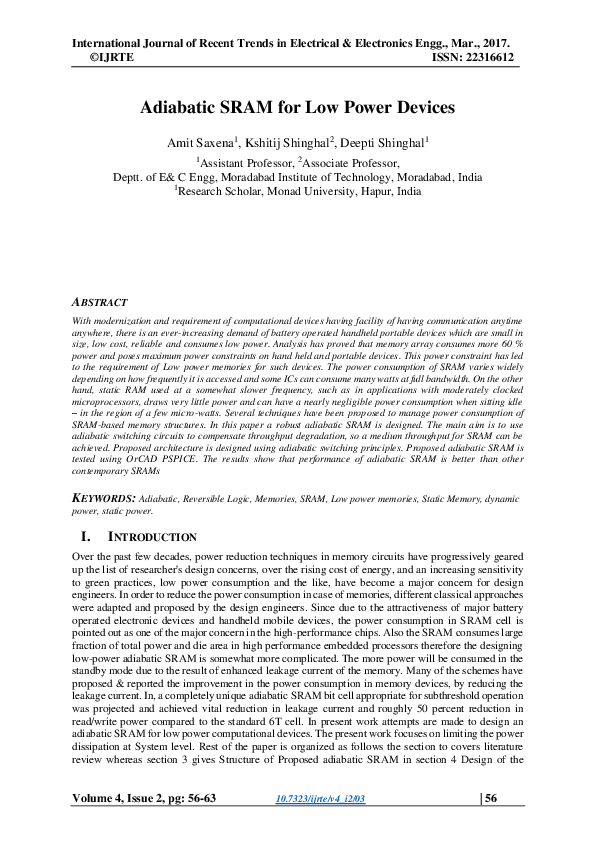 (PDF) Adiabatic SRAM for Low Power Devices