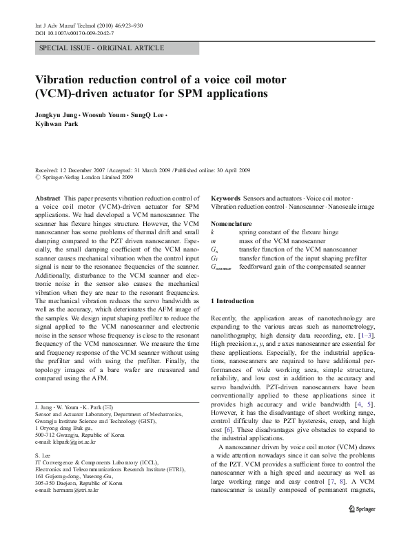 (PDF) Vibration reduction control of a voice coil motor (VCM)-driven actuator for SPM applications