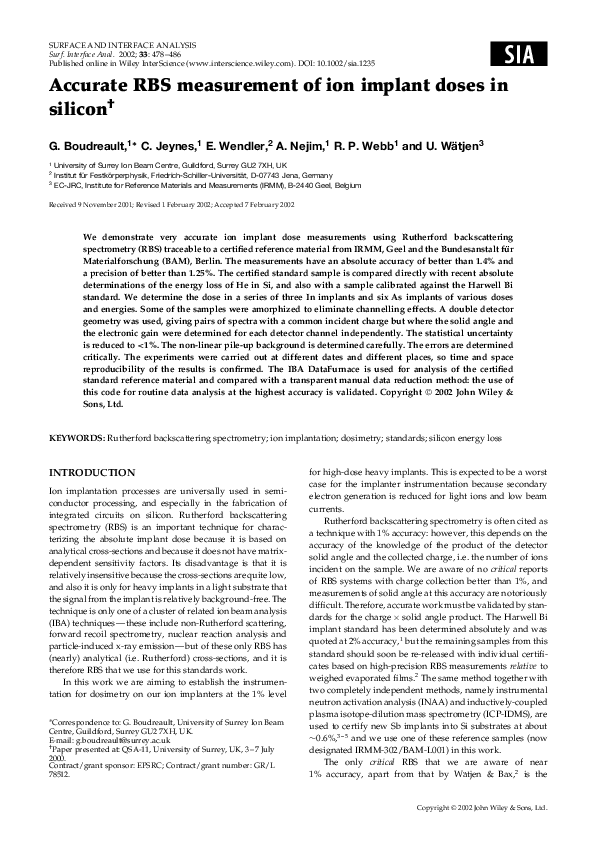 (PDF) Accurate RBS measurement of ion implant doses in silicon