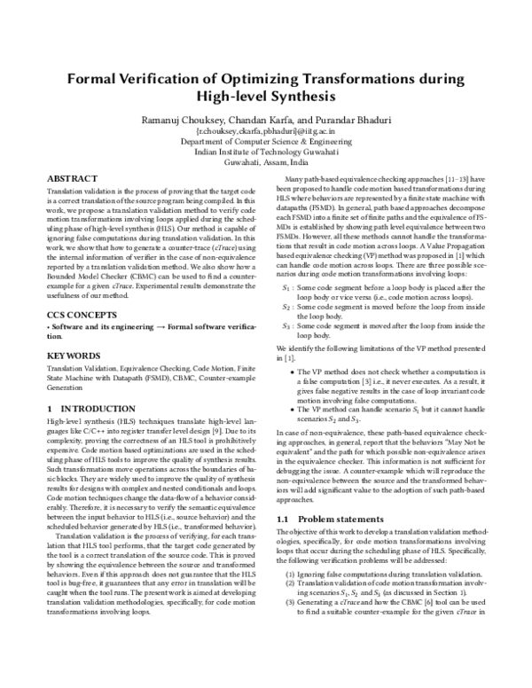 Pdf Formal Verification Of Optimizing Transformations During High Level Synthesis