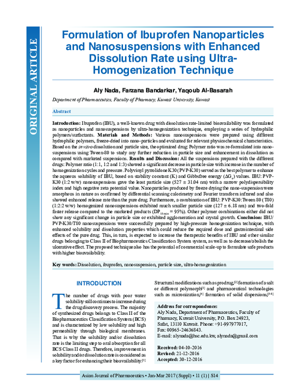 (PDF) Formulation of Ibuprofen Nanoparticles and Nanosuspensions with ...
