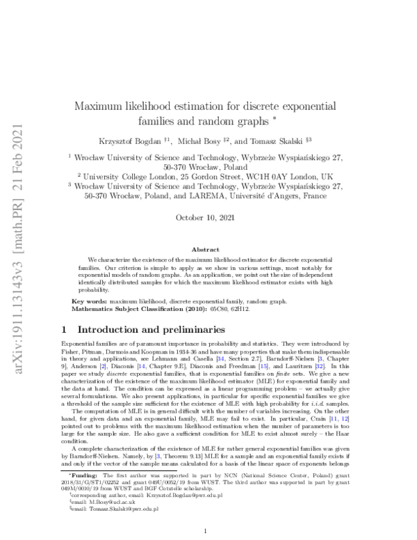 (PDF) Maximum likelihood estimation for discrete exponential families and random graphs