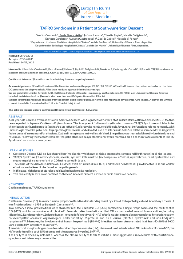 (PDF) TAFRO Syndrome in a Patient of South-American Descent
