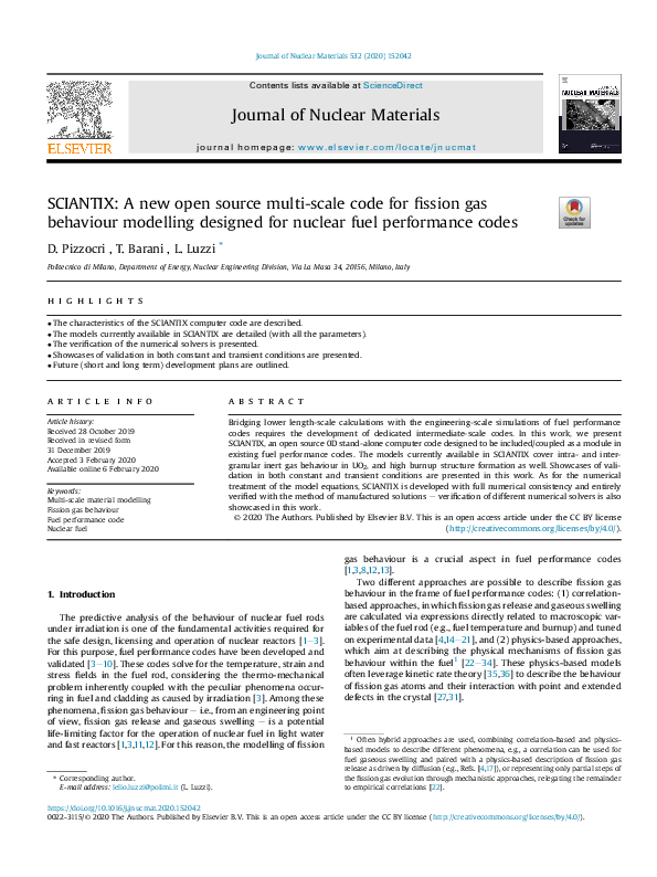(PDF) SCIANTIX: A new open source multi-scale code for fission gas ...