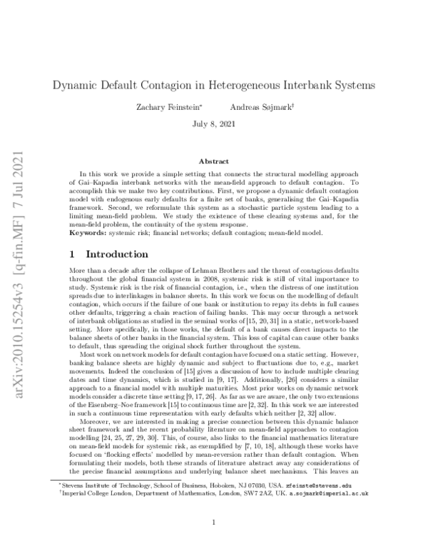 (PDF) Dynamic Default Contagion in Heterogeneous Interbank Systems