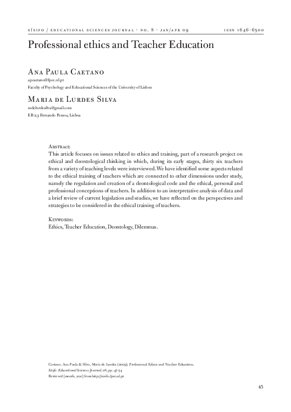 (PDF) Professional ethics and teacher education