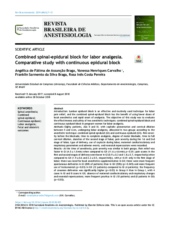 (PDF) Combined spinal-epidural block for labor analgesia. Comparative ...