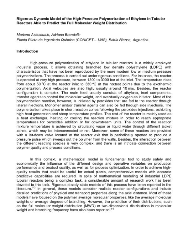 Pdf Rigorous Dynamic Model Of The High Pressure Polymerization Of Ethylene In Tubular Reactors