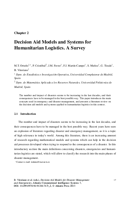(PDF) Decision Aid Models and Systems for Humanitarian Logistics. A Survey