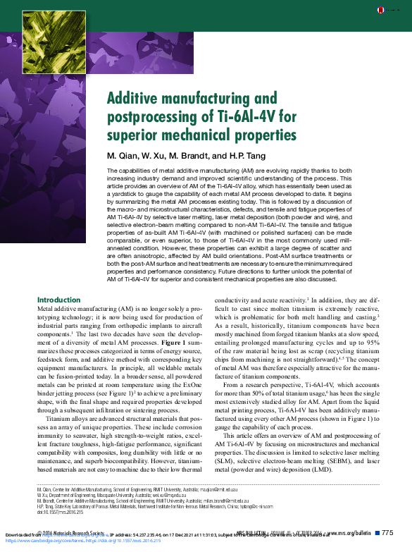 (PDF) Additive manufacturing and postprocessing of Ti-6Al-4V for superior mechanical properties