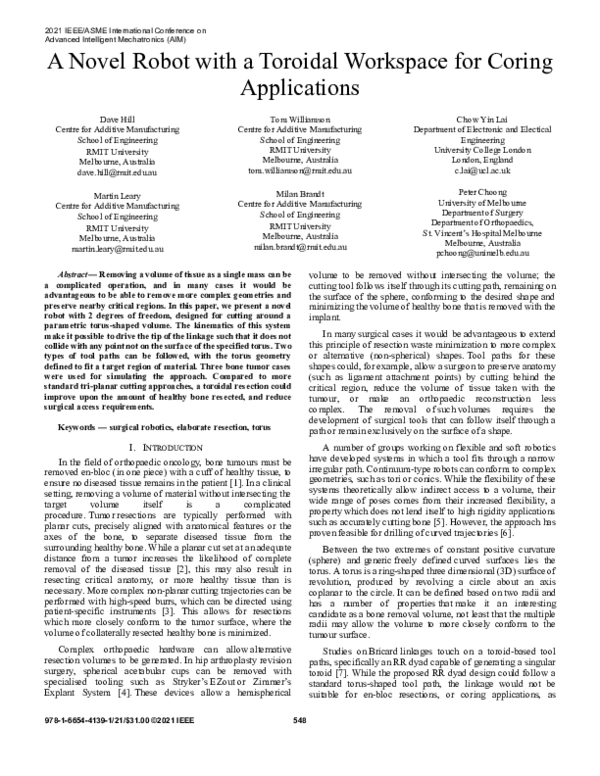 (PDF) A Novel Robot with a Toroidal Workspace for Coring Applications