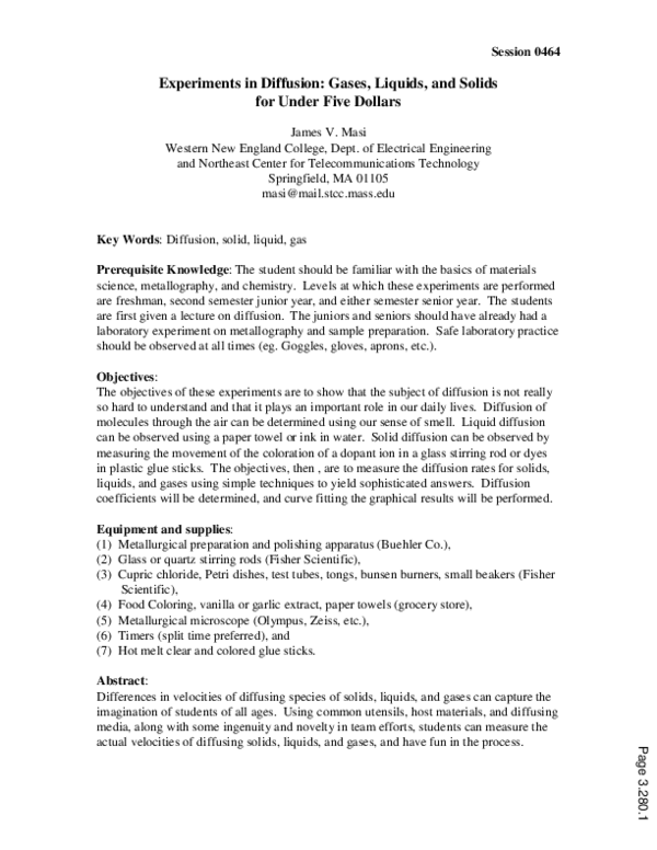 (PDF) Experiments in Diffusion: Gases, Liquids and Solids for Under Five Dollars