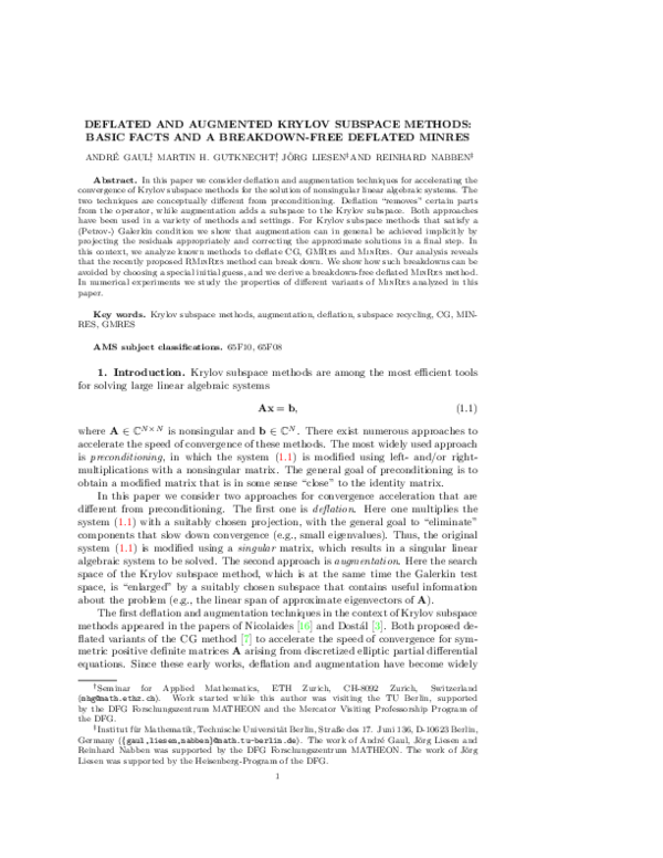 (PDF) Deflated and augmented Krylov subspace methods: Basic Facts and a Breakdown-free deflated ...