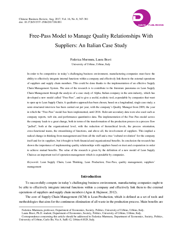 (PDF) Free-Pass Model to Manage Quality Relationships With Suppliers ...