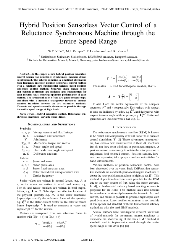 Pdf Hybrid Position Sensorless Vector Control Of A Reluctance Synchronous Machine Through The