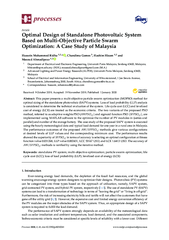 Pdf Optimal Design Of Standalone Photovoltaic System Based On Multi Objective Particle Swarm