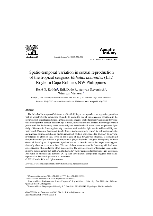 (PDF) Spatio-temporal variation in sexual reproduction of the tropical seagrass Enhalus ...