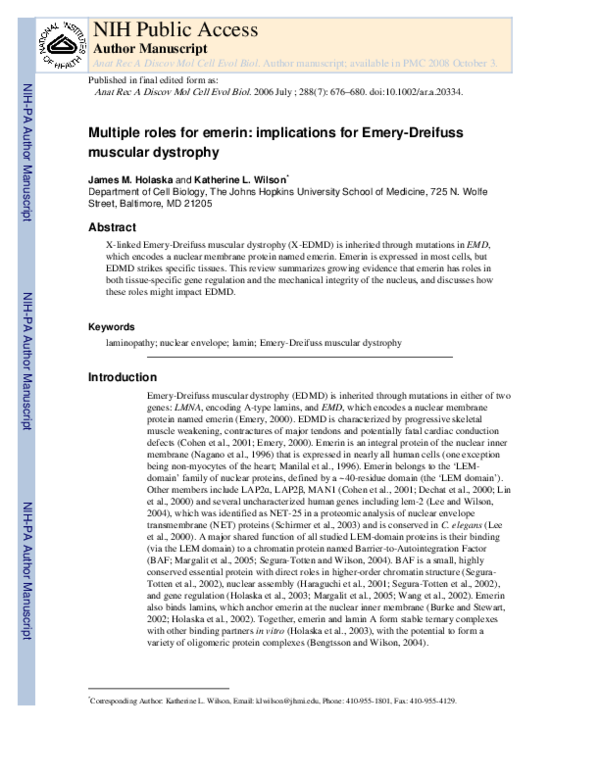 (PDF) Multiple roles for emerin: implications for Emery-Dreifuss ...