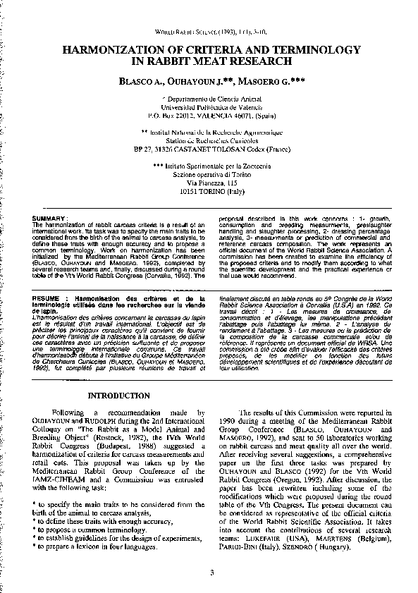(PDF) Harmonization of Criteria and Terminology in Rabbit Meat Research