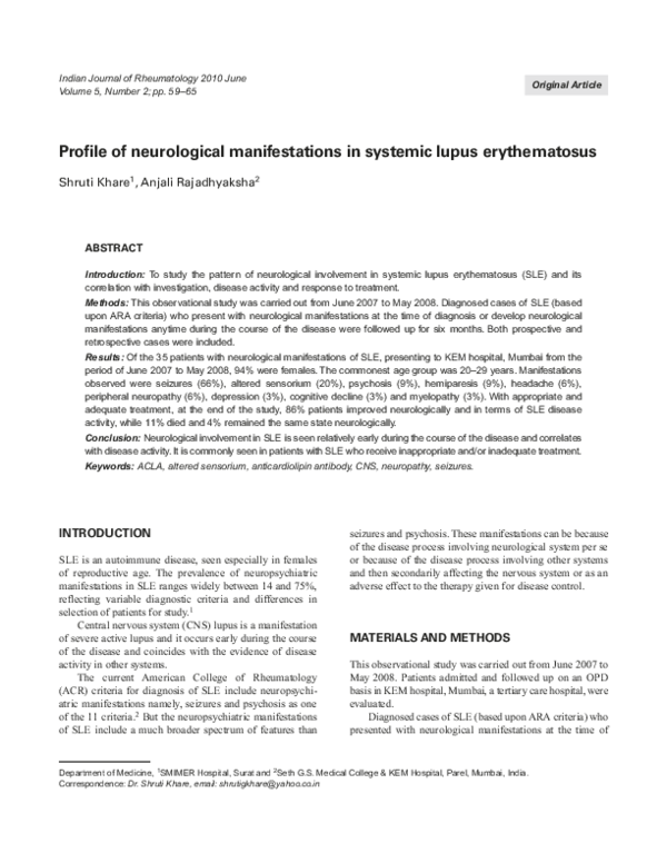 (PDF) Profile of neurological manifestations in systemic lupus erythematosus