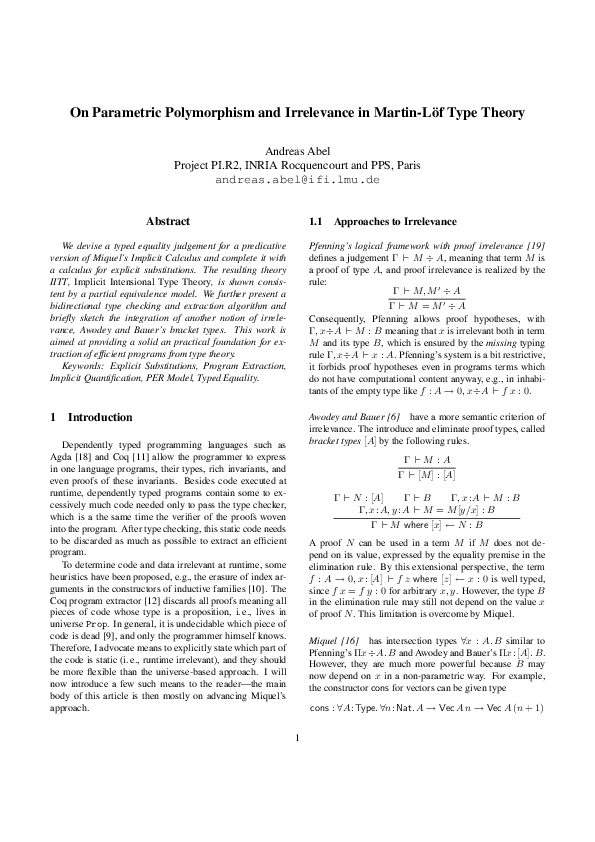 (PDF) On Parametric Polymorphism and Irrelevance in Martin-Löf Type Theory