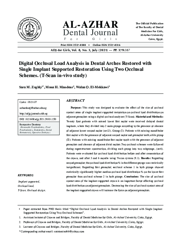 (PDF) Digital Occlusal Load Analysis in Dental Arches Restored with Single Implant Supported ...