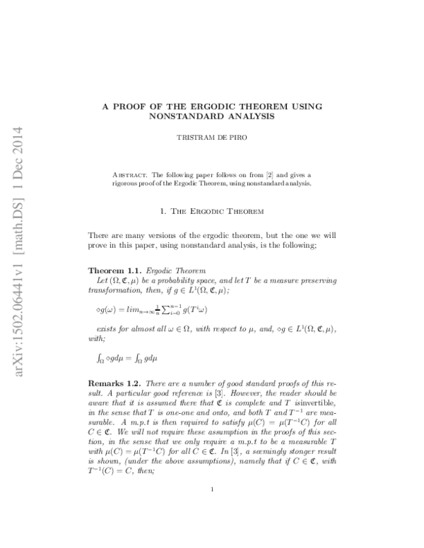 (PDF) A Proof of the Ergodic Theorem using Nonstandard Analysis