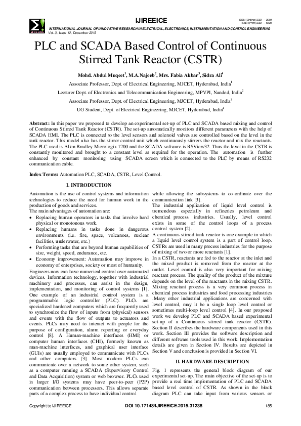 (PDF) PLC and SCADA Based Control of Continuous Stirred Tank Reactor (CSTR)