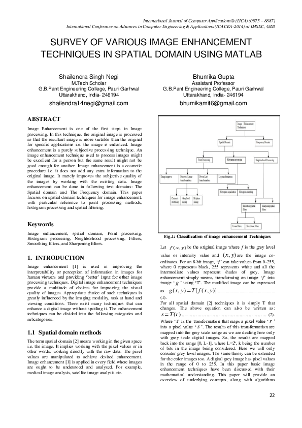 (PDF) Survey of Various Image Enhancement Techniques in Spatial Domain using MATLAB