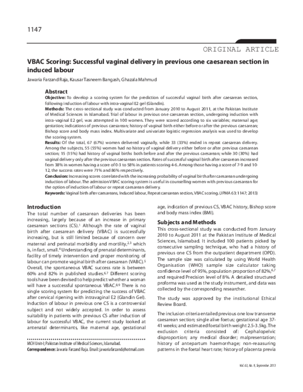 (PDF) VBAC scoring: successful vaginal delivery in previous one ...